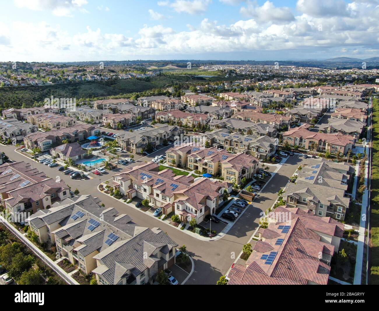 Aerial view of middle class subdivision neighborhood with residential ...