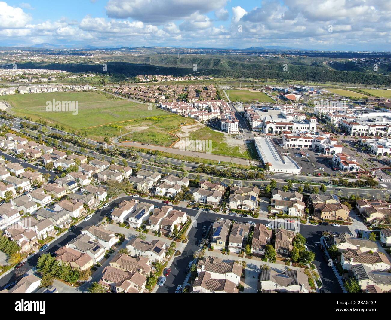 Aerial view of middle class subdivision neighborhood with residential ...
