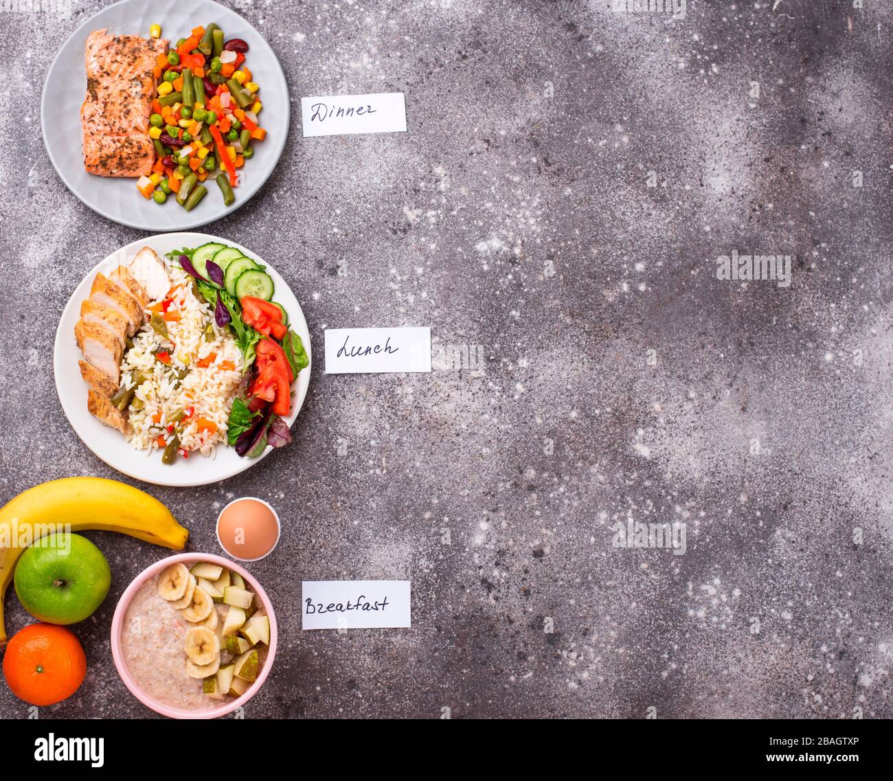 Breakfast, lunch and dinner. Day menu Stock Photo - Alamy
