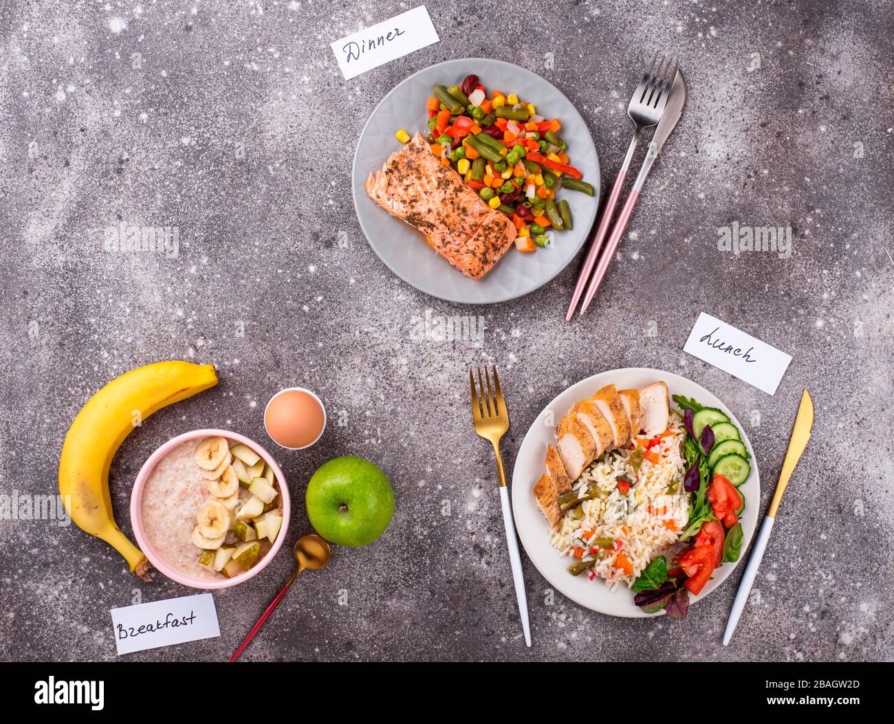Healthy balanced menu for day Stock Photo - Alamy