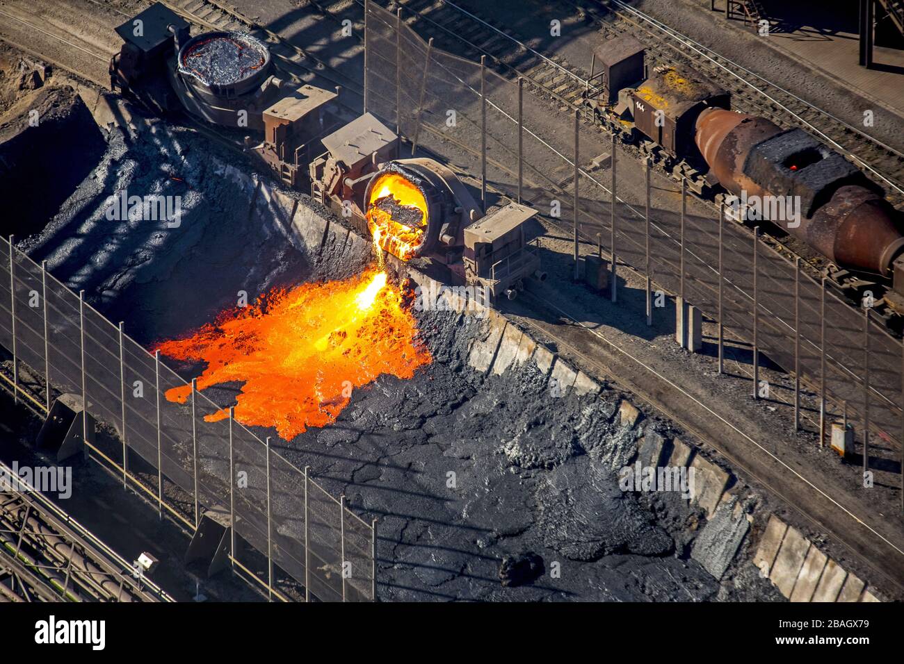 incandescent slag in Duisburg at steelword Bruckhausen, 12.03.2015 ...