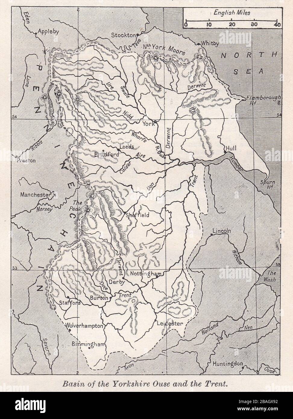 Vintage map of the Basin of the Yorkshire Ouse and the Trent 1900s ...