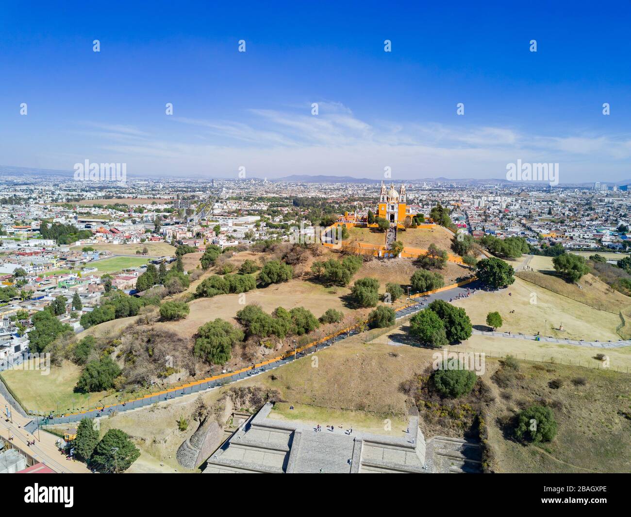Afternoon aerial view of the famous Pyramid of Cholula, Mexico Stock ...