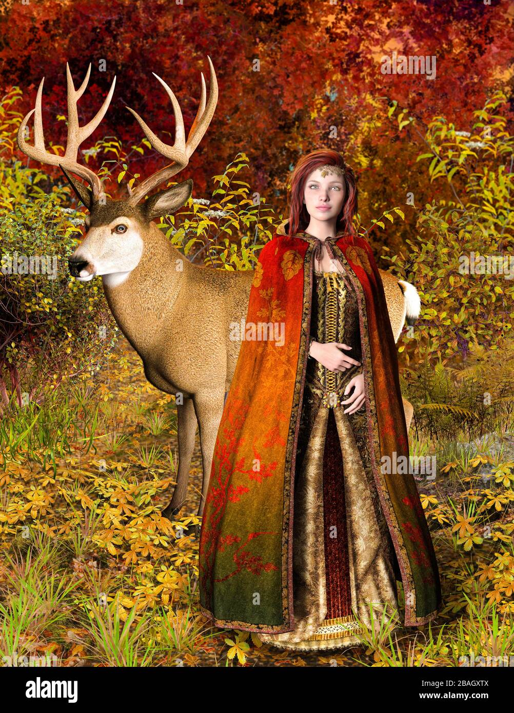 Beautiful autumn princess with a deer in an enchanting fairy forest, 3d ...