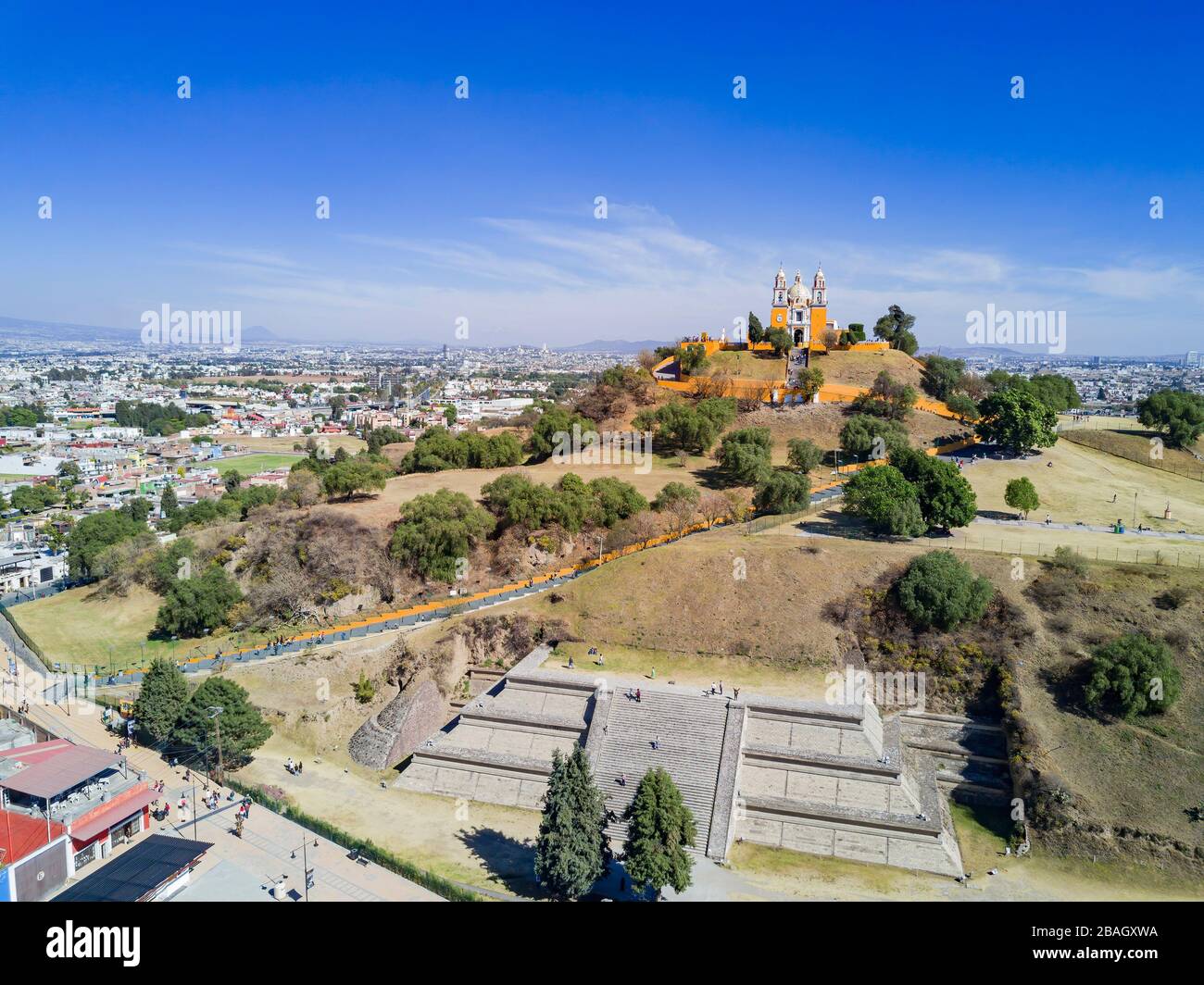 Afternoon aerial view of the famous Pyramid of Cholula, Mexico Stock ...