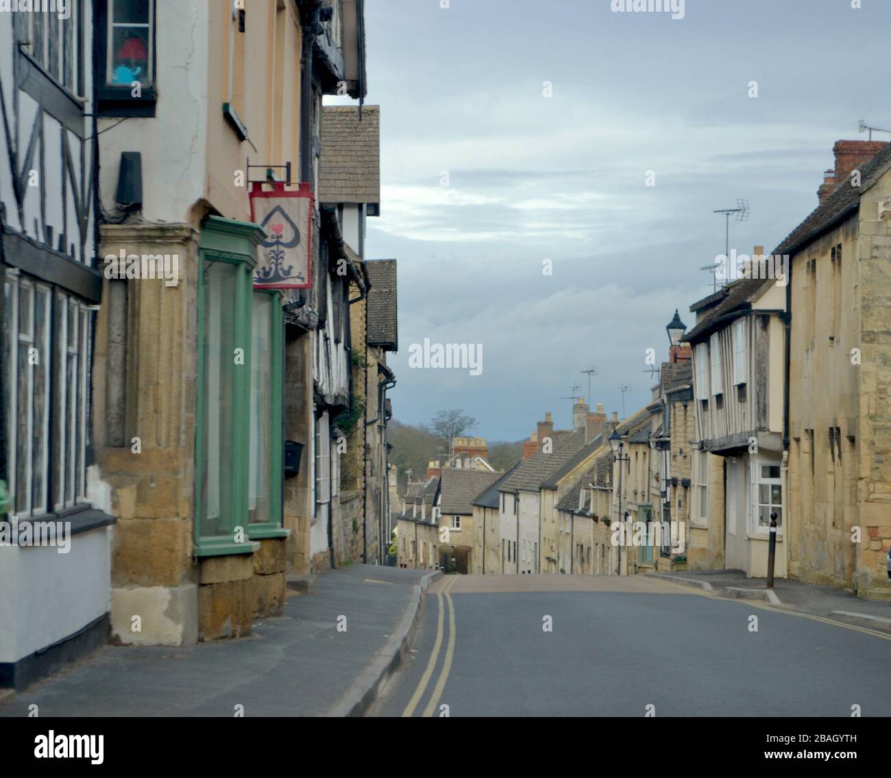 Traditional English street in a country town or village; buildings and ...