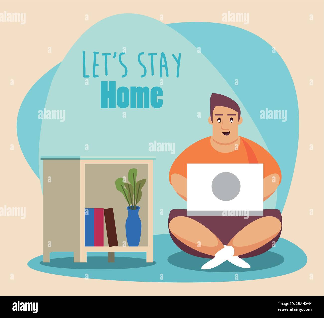 lets stay at home scene with man working in laptop Stock Vector Image ...