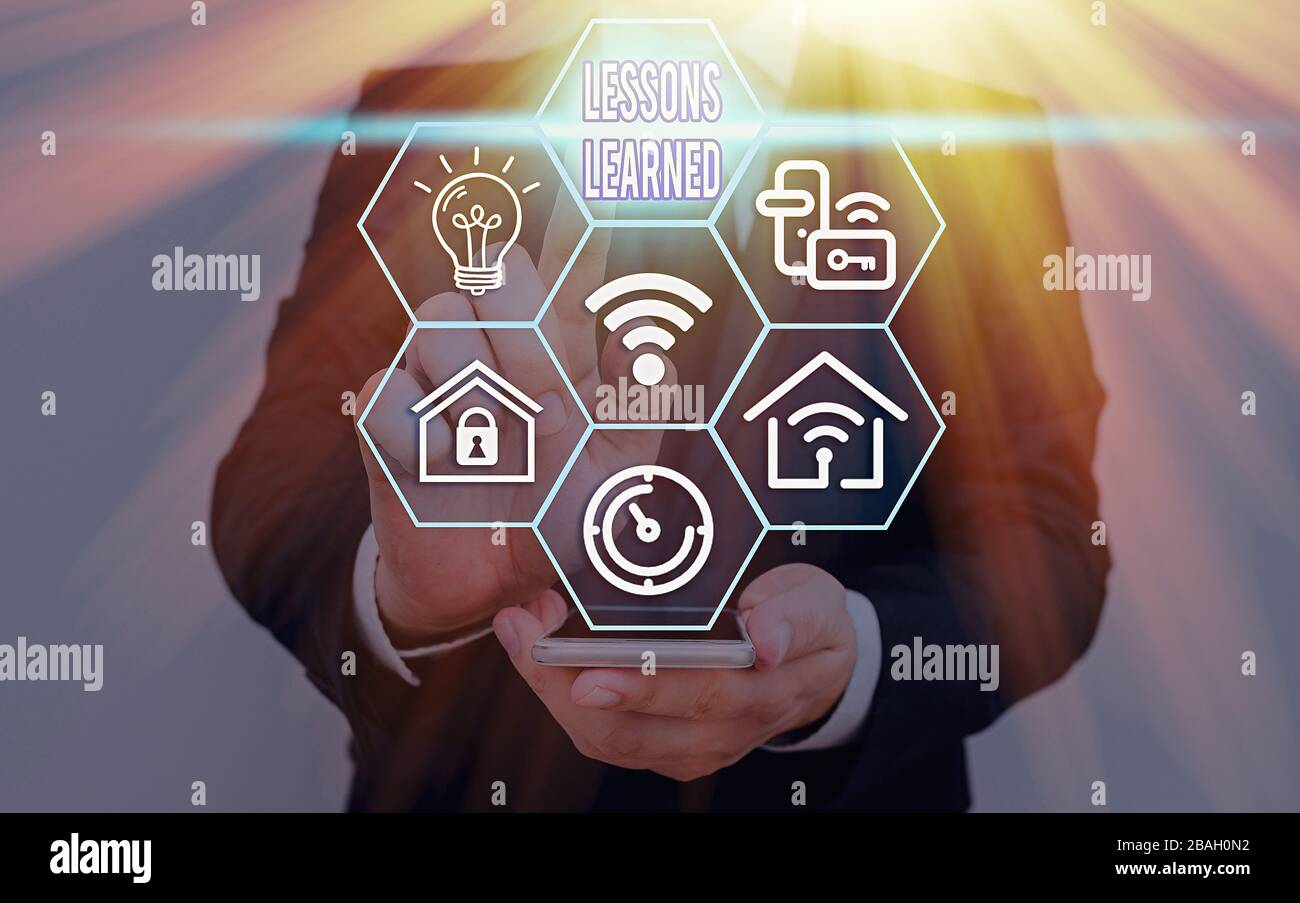 Writing note showing Lessons Learned. Business concept for the knowledge or understanding gained ...