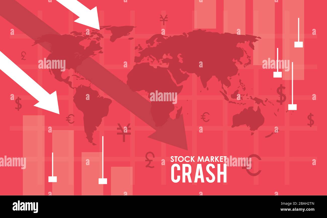 stock market crash with arrows down and earth maps Stock Vector Image ...