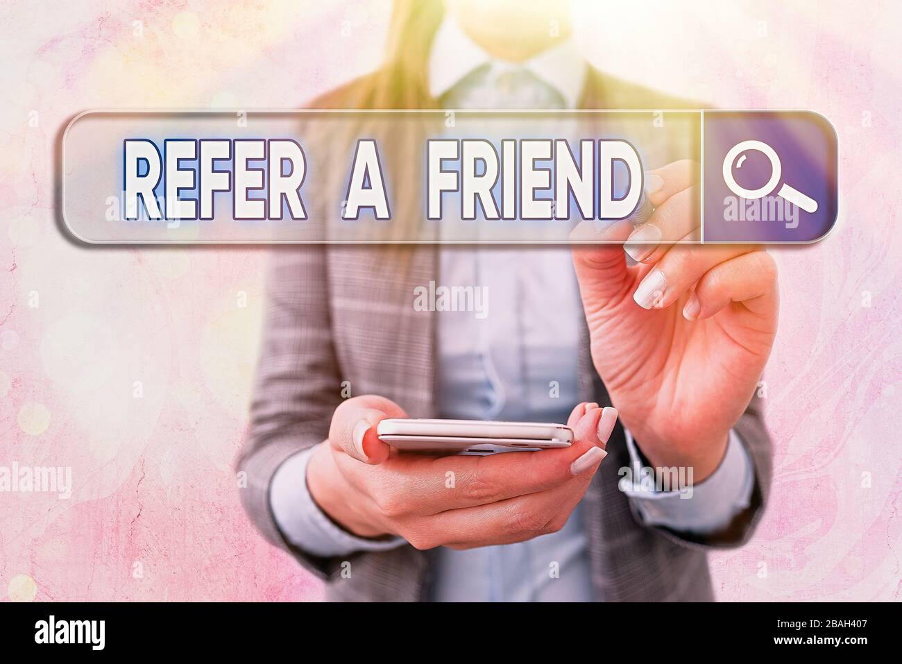Text sign showing Refer A Friend. Business photo text direct someone to ...