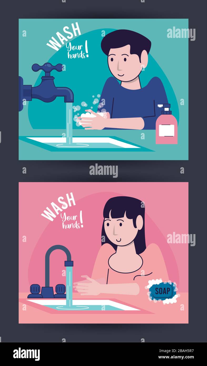 wash your hands campaign poster with couple and water taps Stock Vector ...