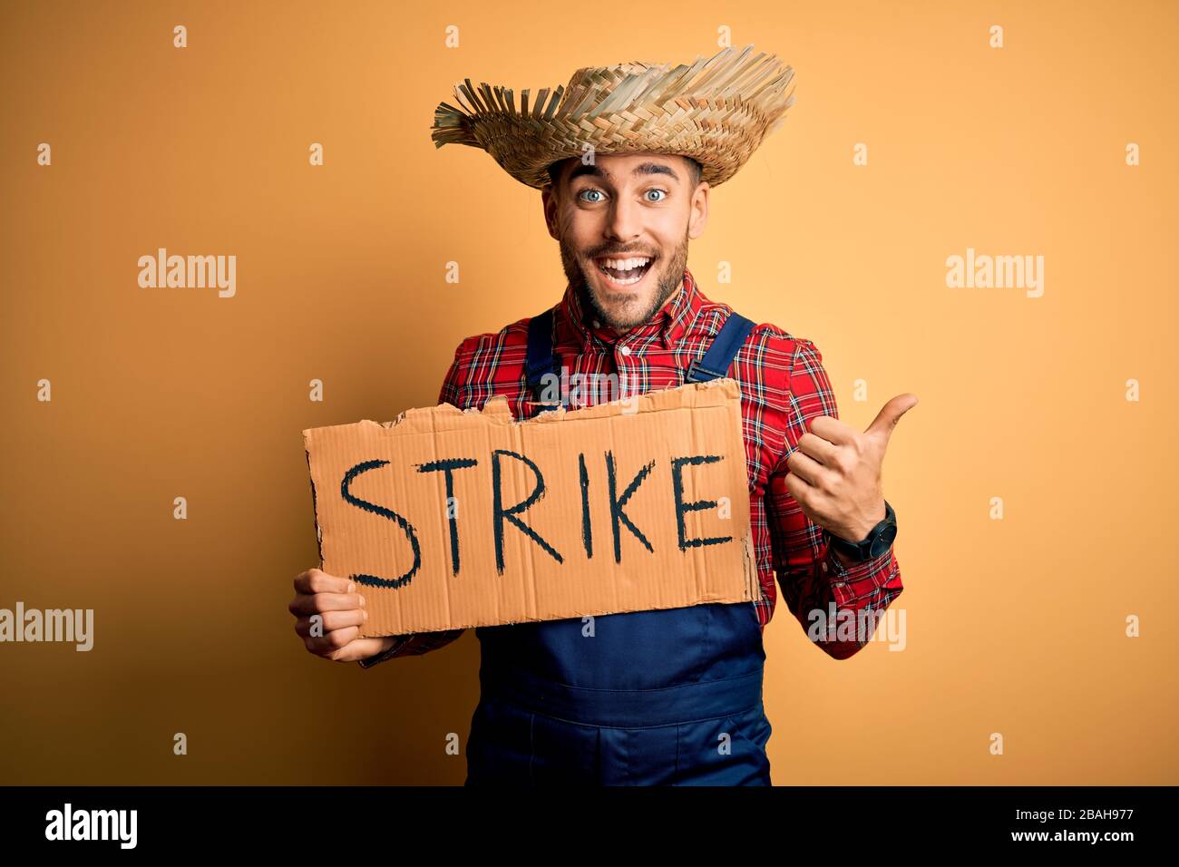 Young rural farmer man wearing countryside hat on strike prostest for ...