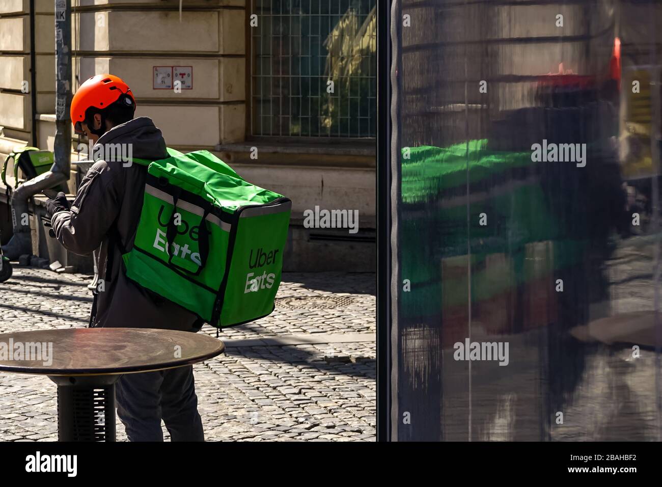 Bucharest, Romania - March 17, 2020: An Uber Eats food delivery courier ...