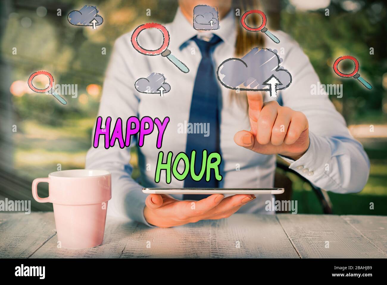 Conceptual hand writing showing Happy Hour. Concept meaning when drinks ...