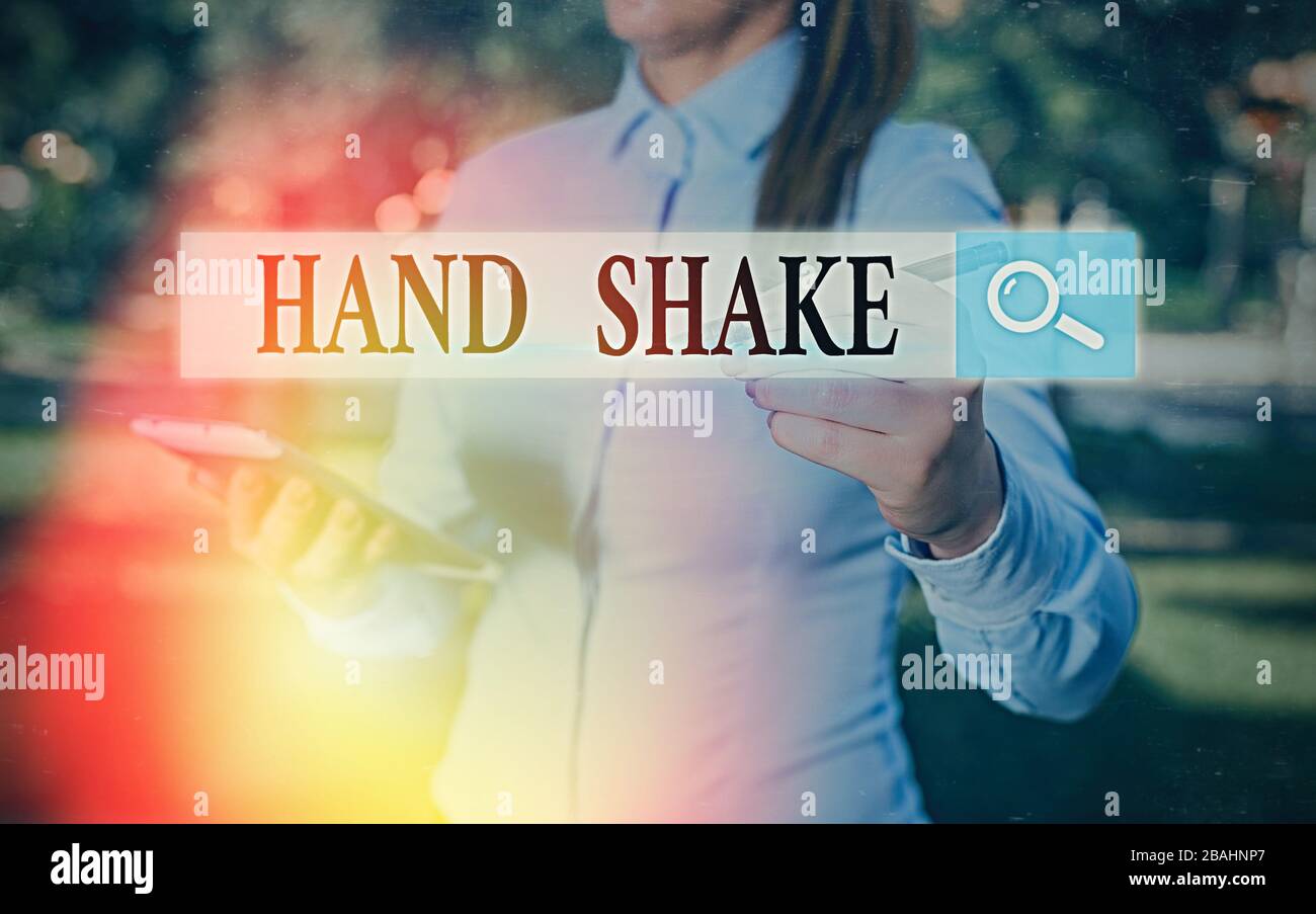 Conceptual hand writing showing Hand Shake. Concept meaning an act ...
