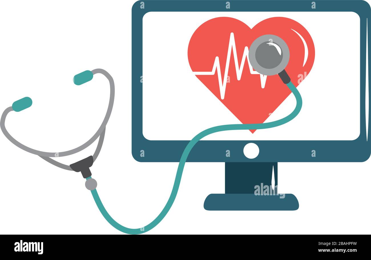 online doctor computer stethoscope heartbeat care flat style icon ...