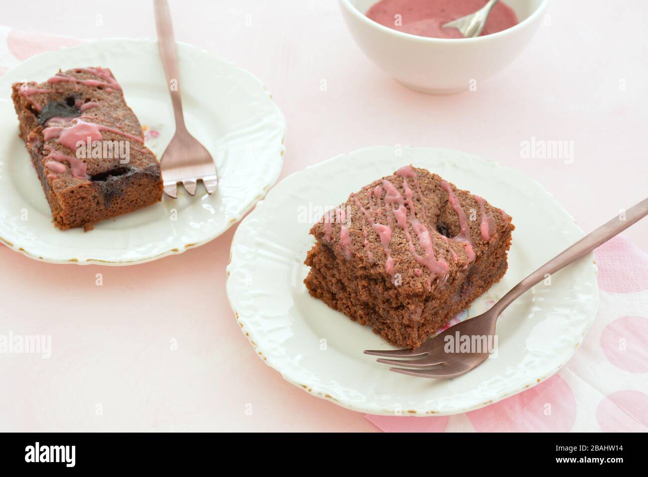 Fresh baked cherry chocolate brownies drizzled with cherry glaze on ...