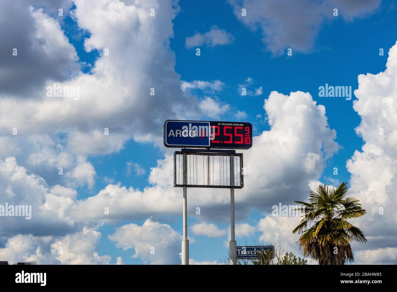 A freeway sign for an Arco Gas station in Turlock California with ...