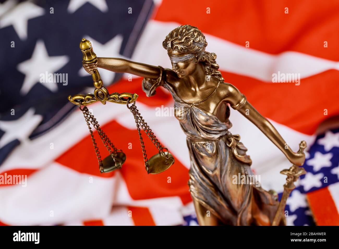 Lawyers desk statue of justice on law court in United States of America ...