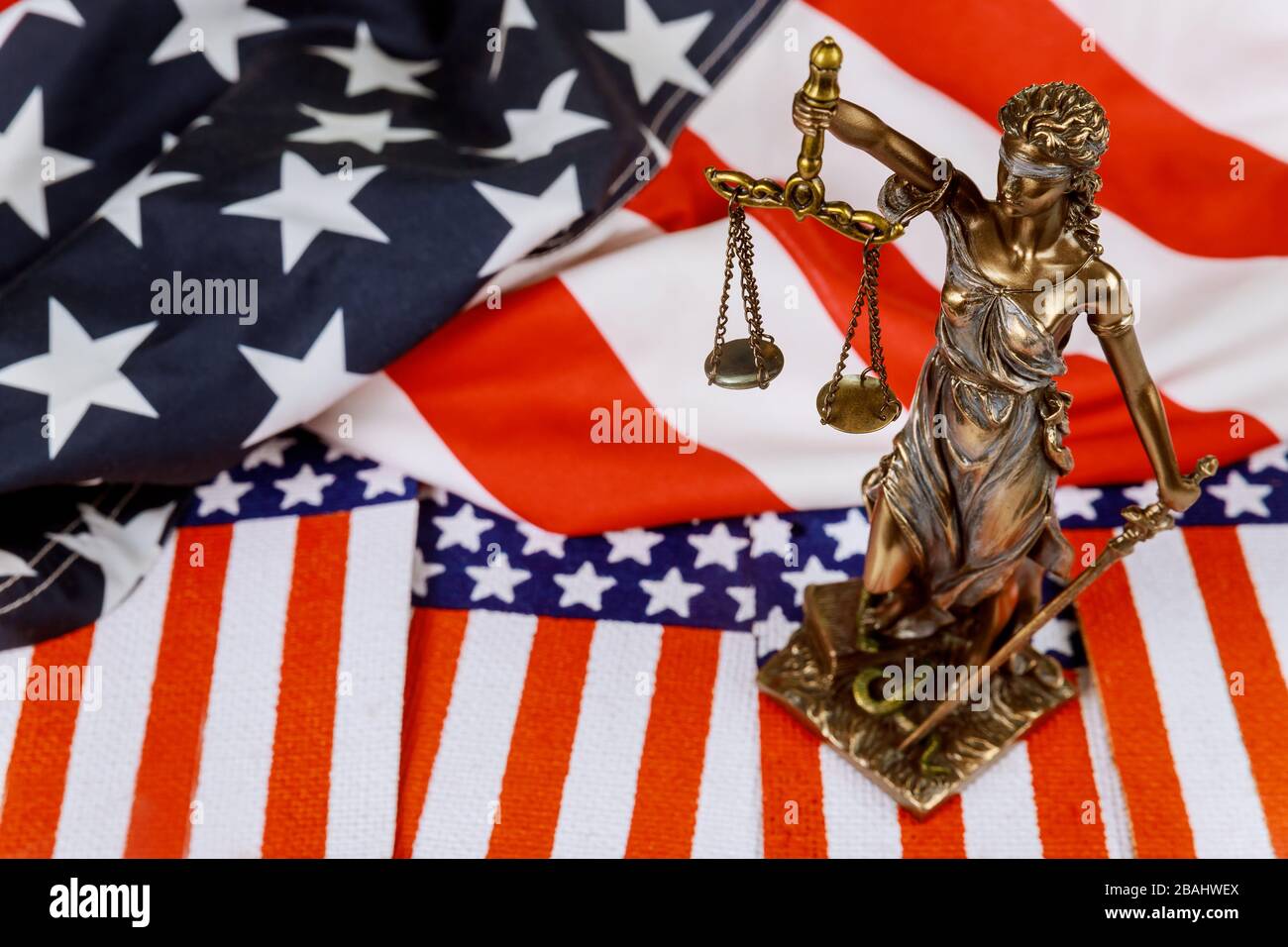 Statue of Lady Justice Scale On Usa Flag in Law and Justice Stock Photo ...