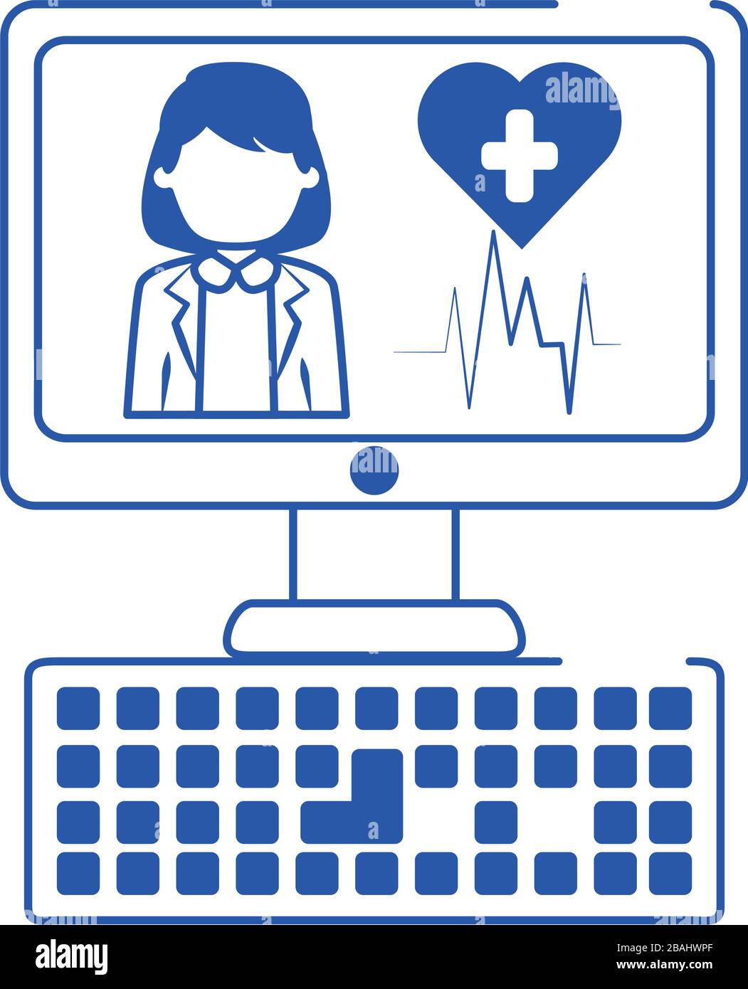 online doctor computer device support medical care blue line style icon ...