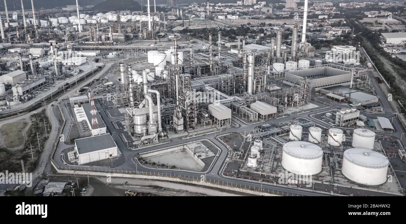Aerial view of oil refinery plant industry, silhouettes image Stock ...