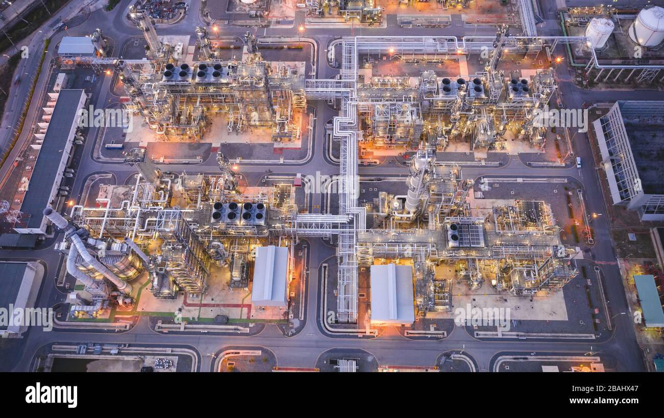 Aerial view of Oil refinery plant in twilight time, Petrochemical ...