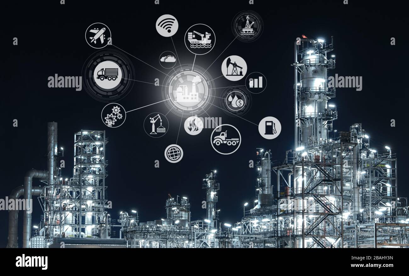 Industry 4.0 concept of Oil refinery with global energy network icon ...