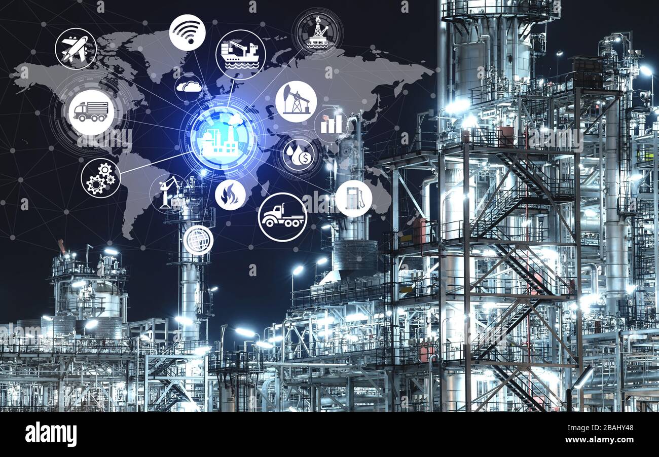 Industry 4.0 concept of Oil refinery with global energy network icon ...