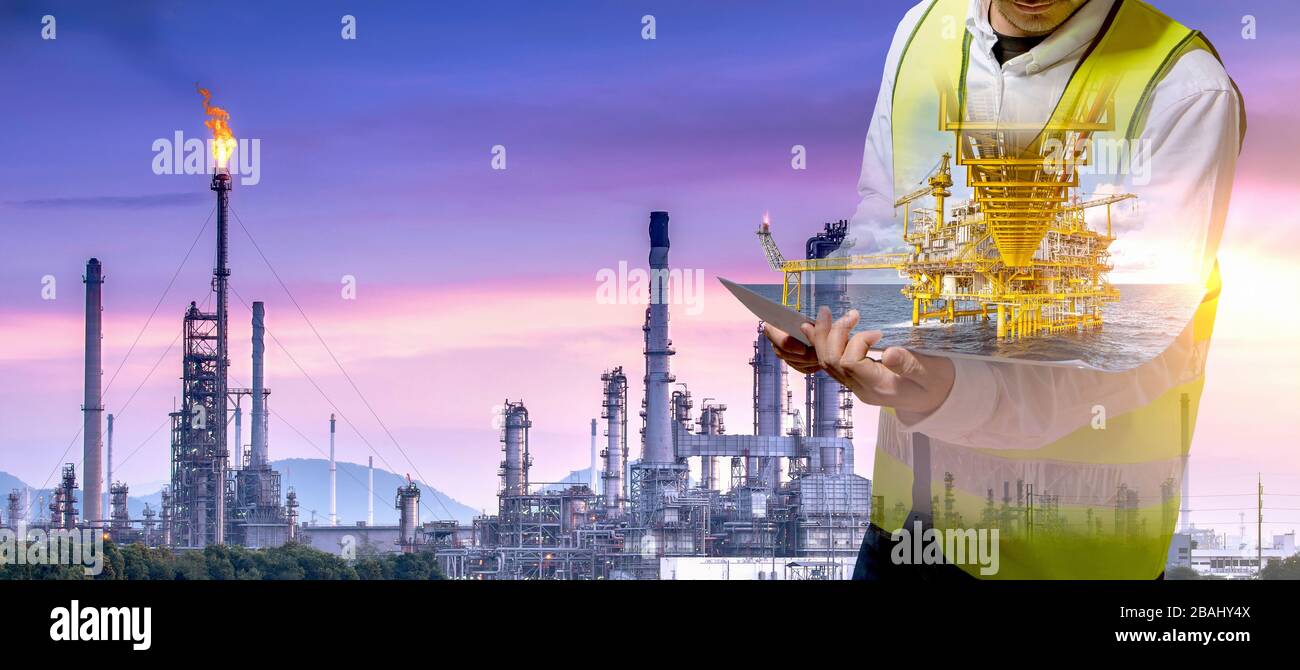 Double exposure of engineer with industrial 4.0 concept of crude oil ...