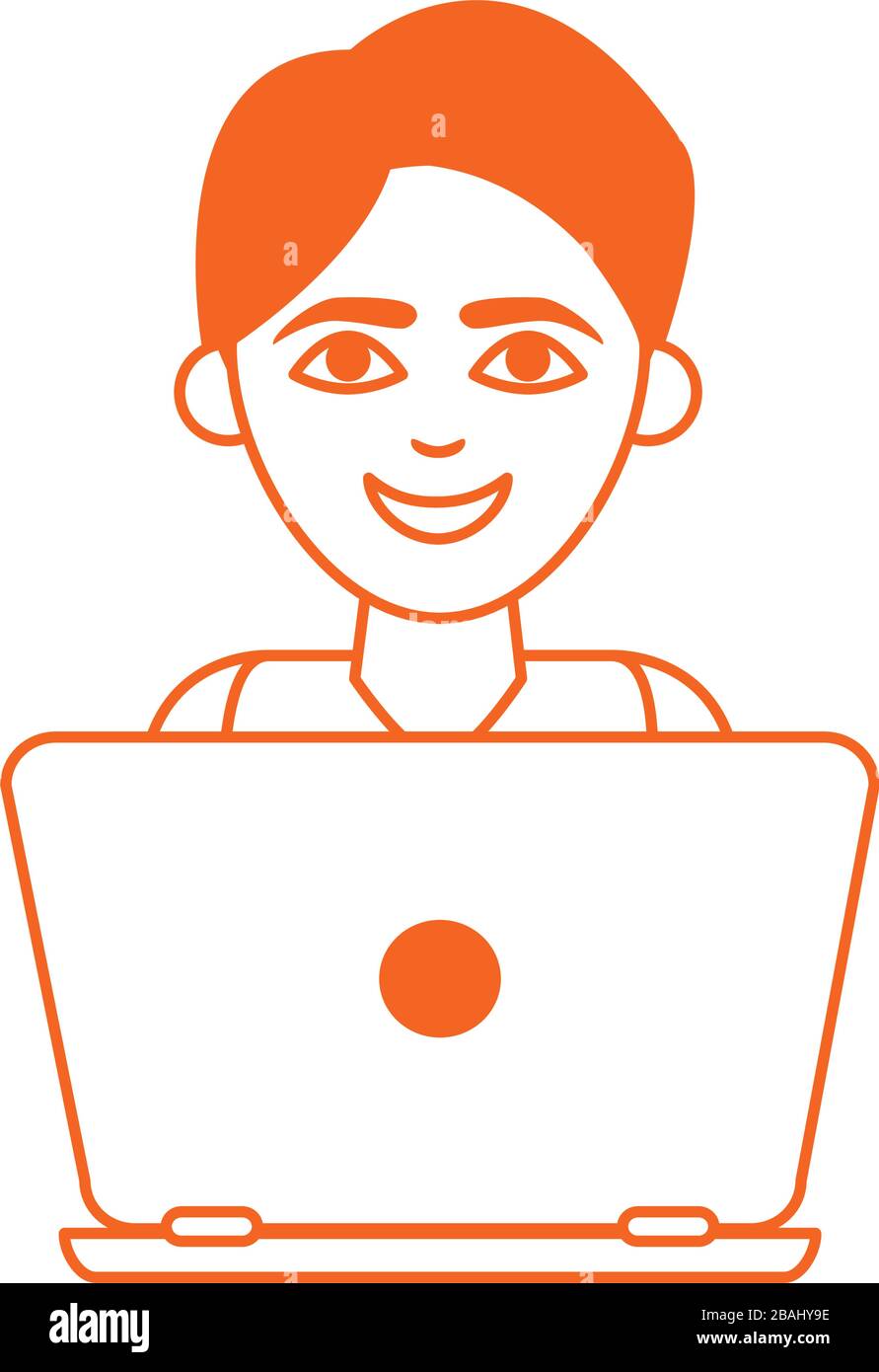 Teen With Laptop Computer Home Education Vector Illustration Line Color