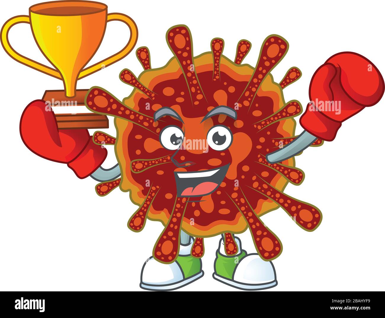 Happy face of boxing winner deadly coronvirus in mascot design style ...