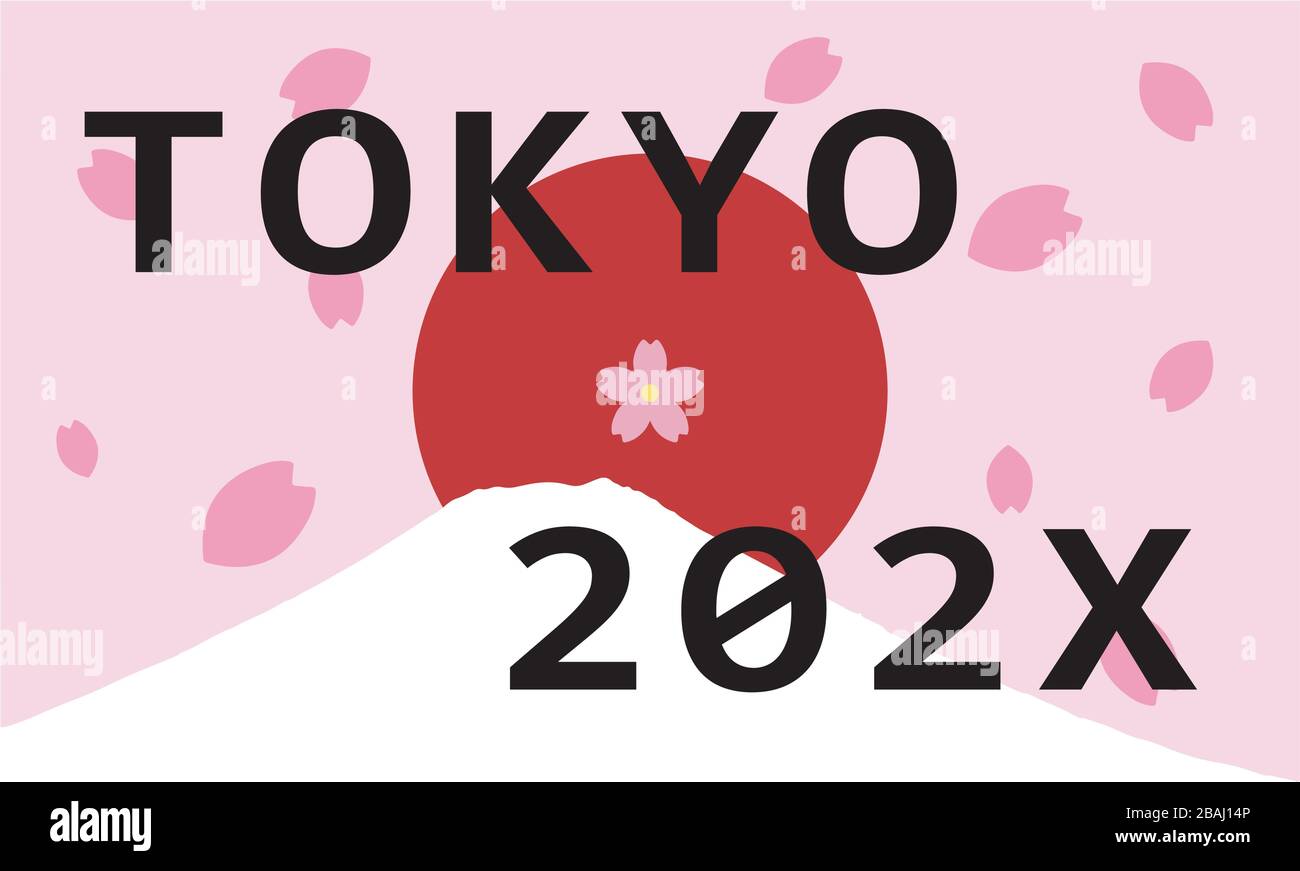 Text of Tokyo and 202X with a red sun and mountain in background Stock ...