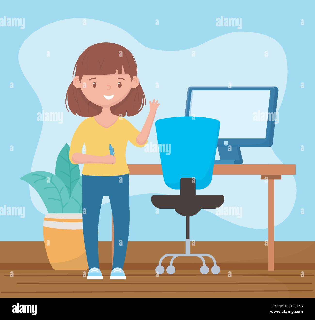 online education, teacher in room with desk pen and computer vector ...