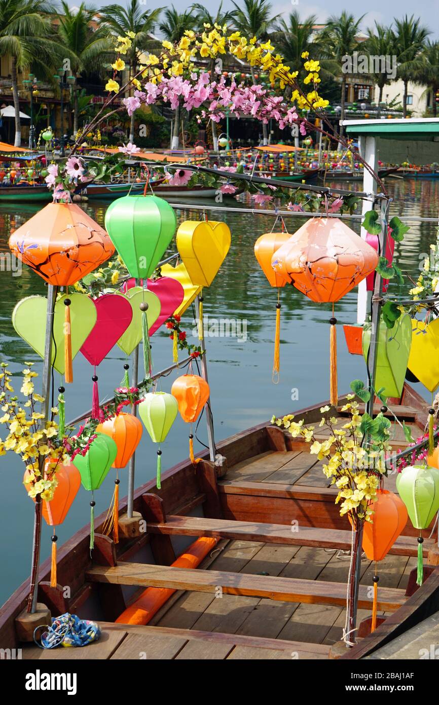 typical colorful lantern boats on thu bon river in hoi an Stock Photo ...