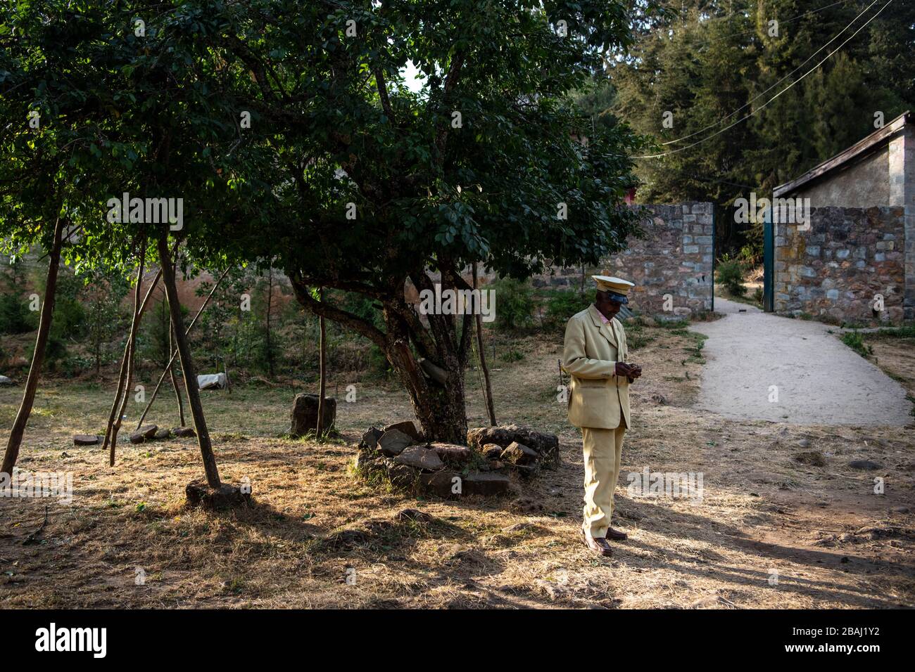 Africa, Ethiopia, addis Ababa. A guard is standing under a tree in ...