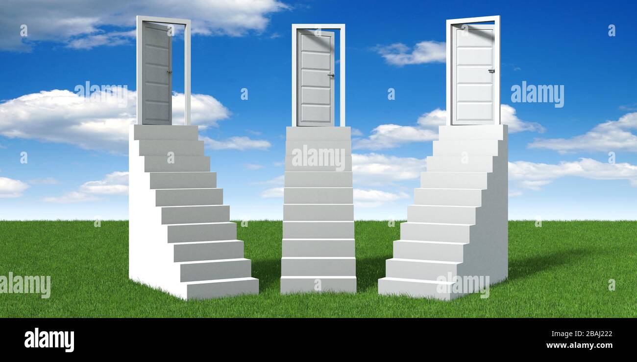 Three doors and steps concept - 3D illustration Stock Photo - Alamy