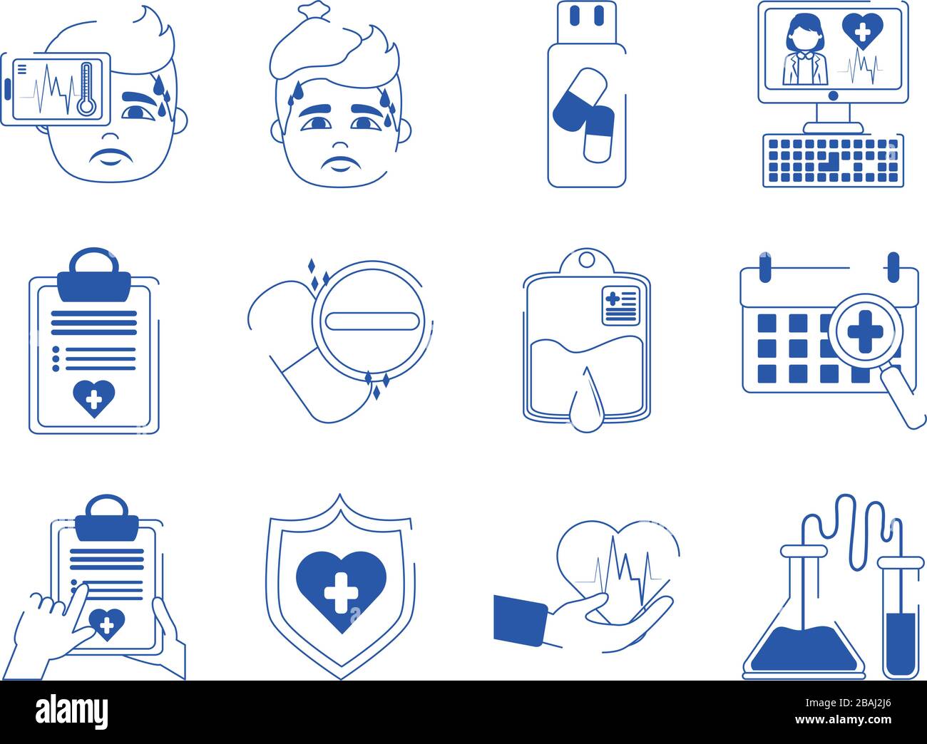 online doctor health medicine care blue line style icons set vector ...