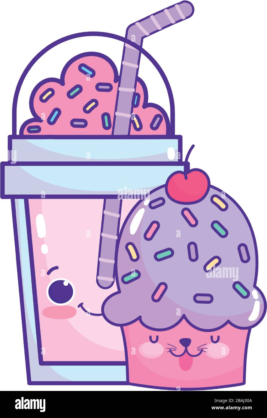 cute food frappe and cupcake cherry sweet dessert pastry cartoon vector ...