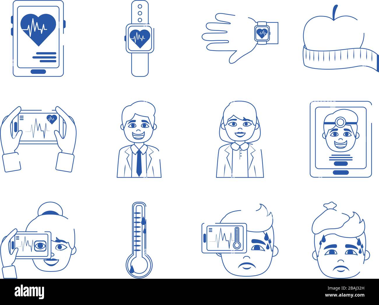 online doctor health medicine care blue line style icons set vector ...