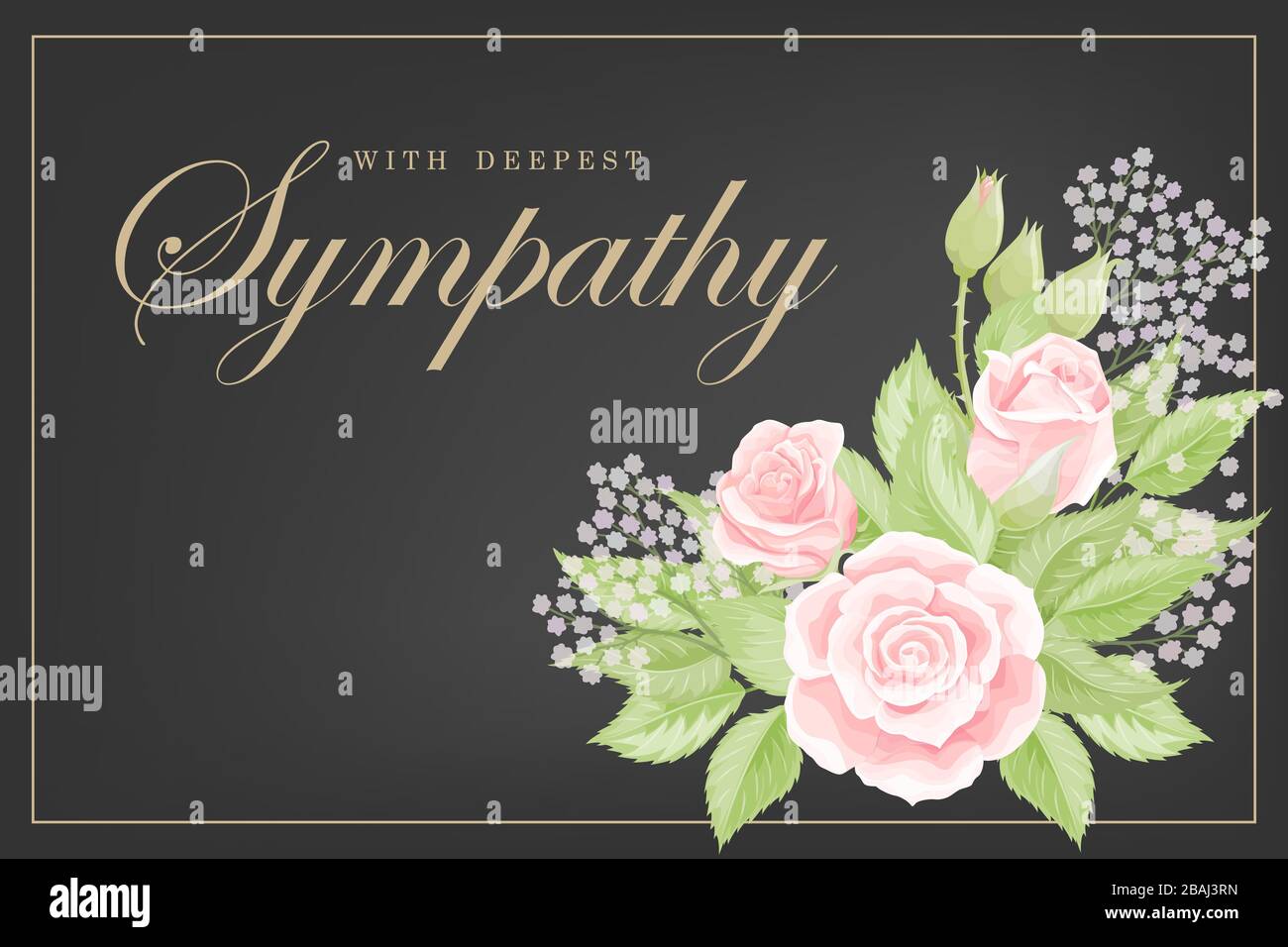 Pink rose bouquet on black background vector sympathy template Stock ...