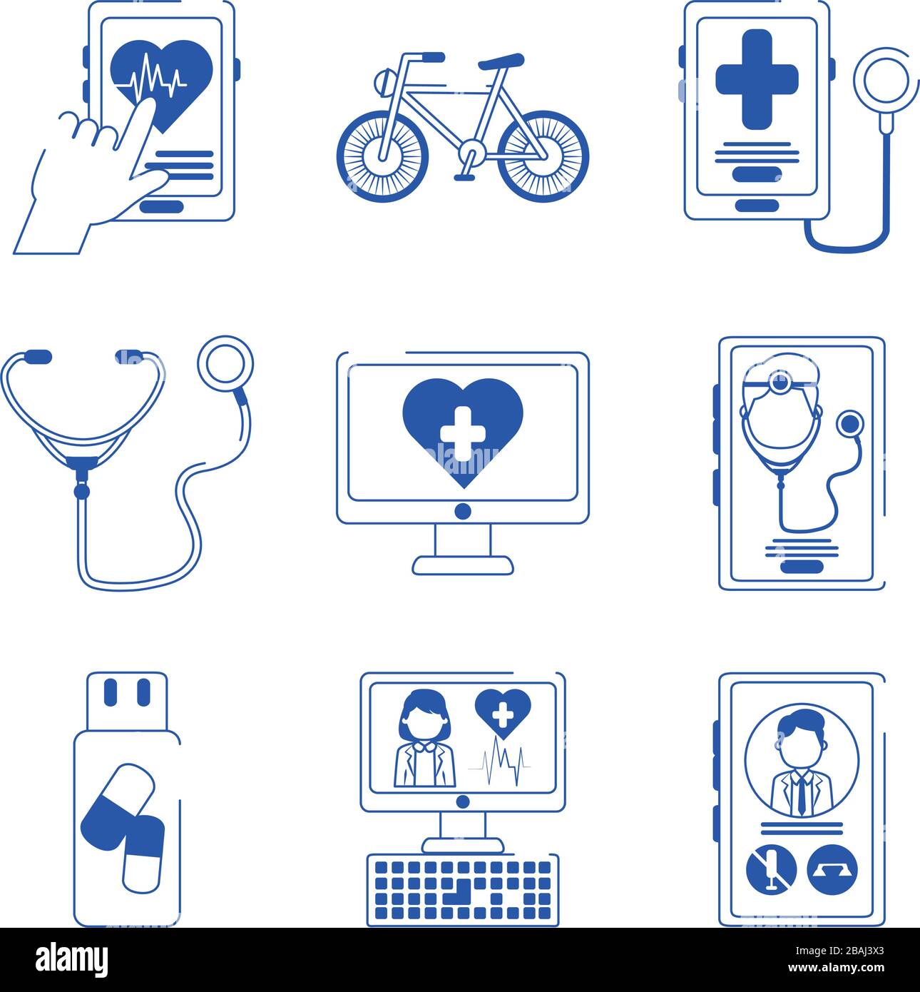 online doctor health medicine care blue line style icons set vector ...