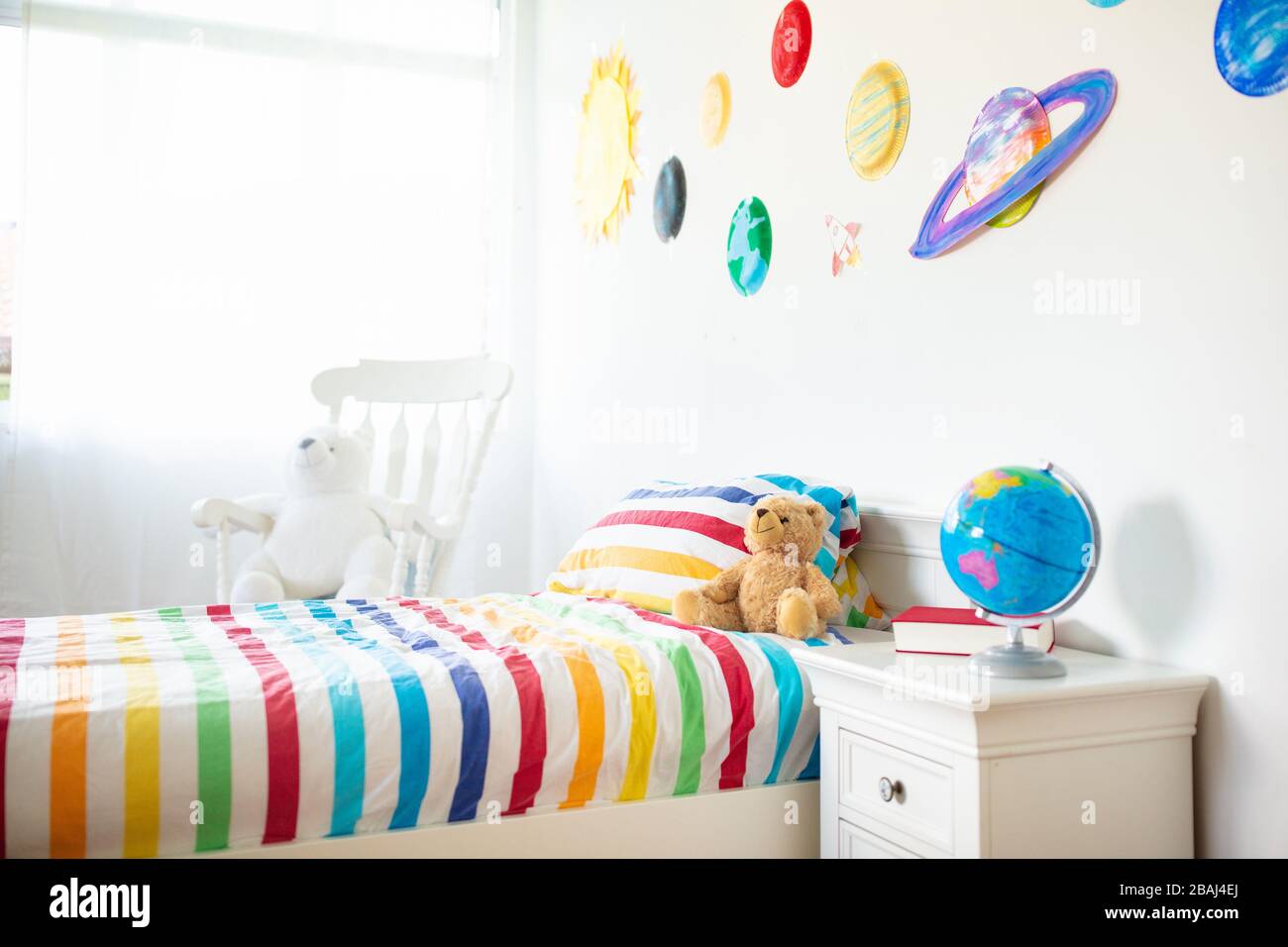 Kids room with space decoration. Child bedroom, solar system planet and ...