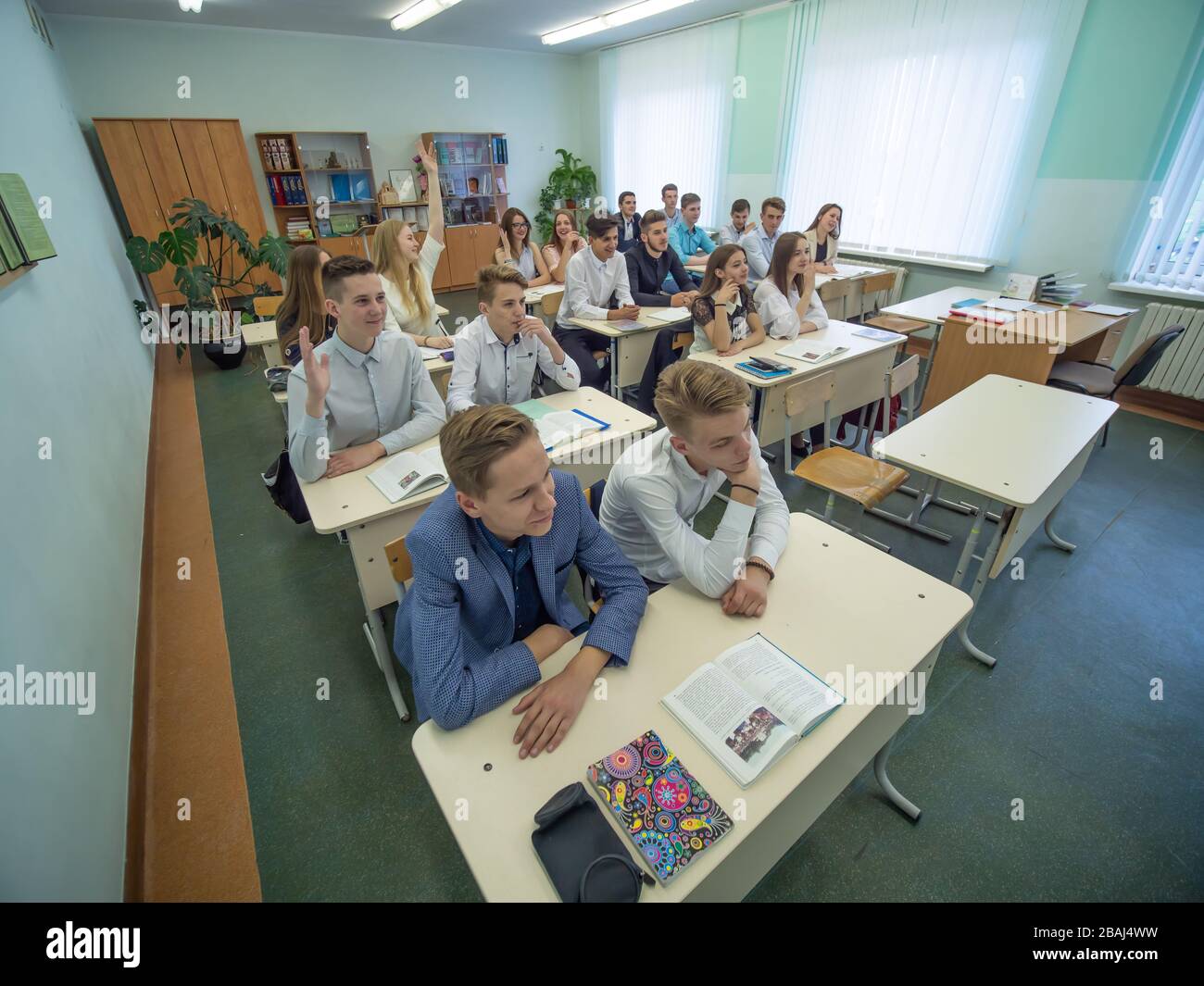 Students during the lesson are sitting at their desks. Russian school ...
