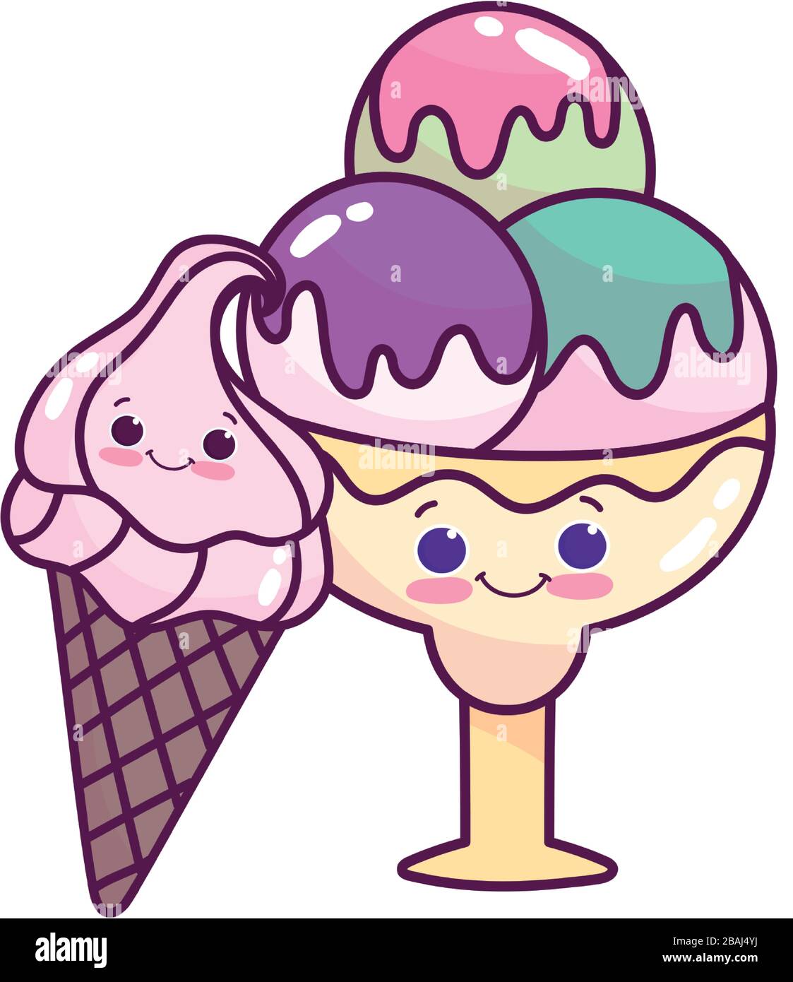 cute food ice cream scoops and cone sweet dessert pastry cartoon vector ...