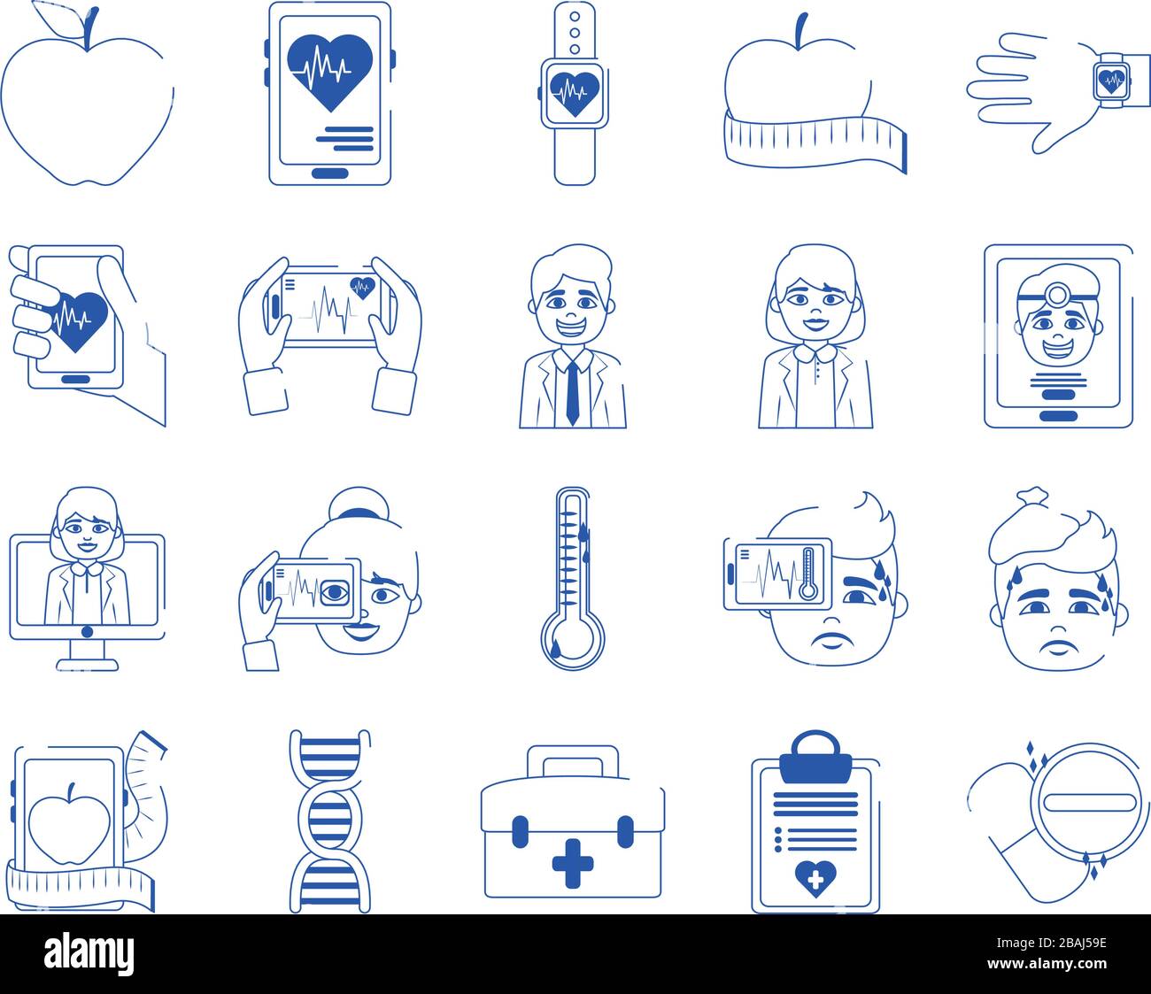 online doctor health medicine care blue line style icons set vector ...