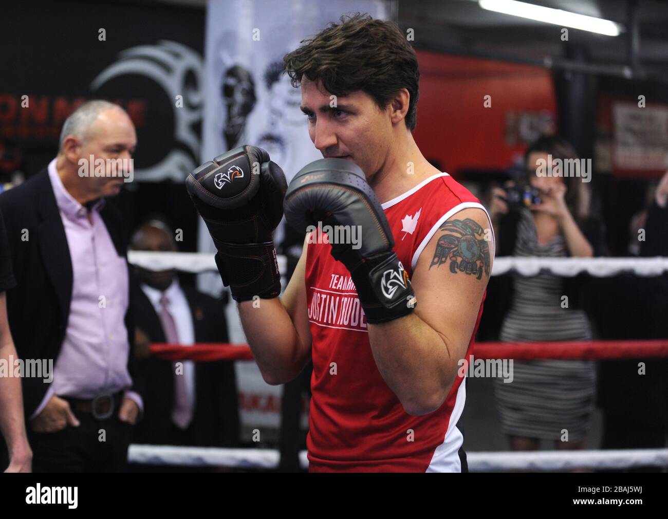 NEW YORK, NY - APRIL 21: Prime Minister of Canada Justin Trudeau boxing ...