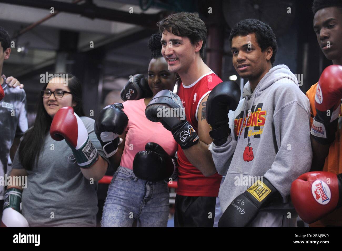 NEW YORK, NY - APRIL 21: Prime Minister of Canada Justin Trudeau boxing ...