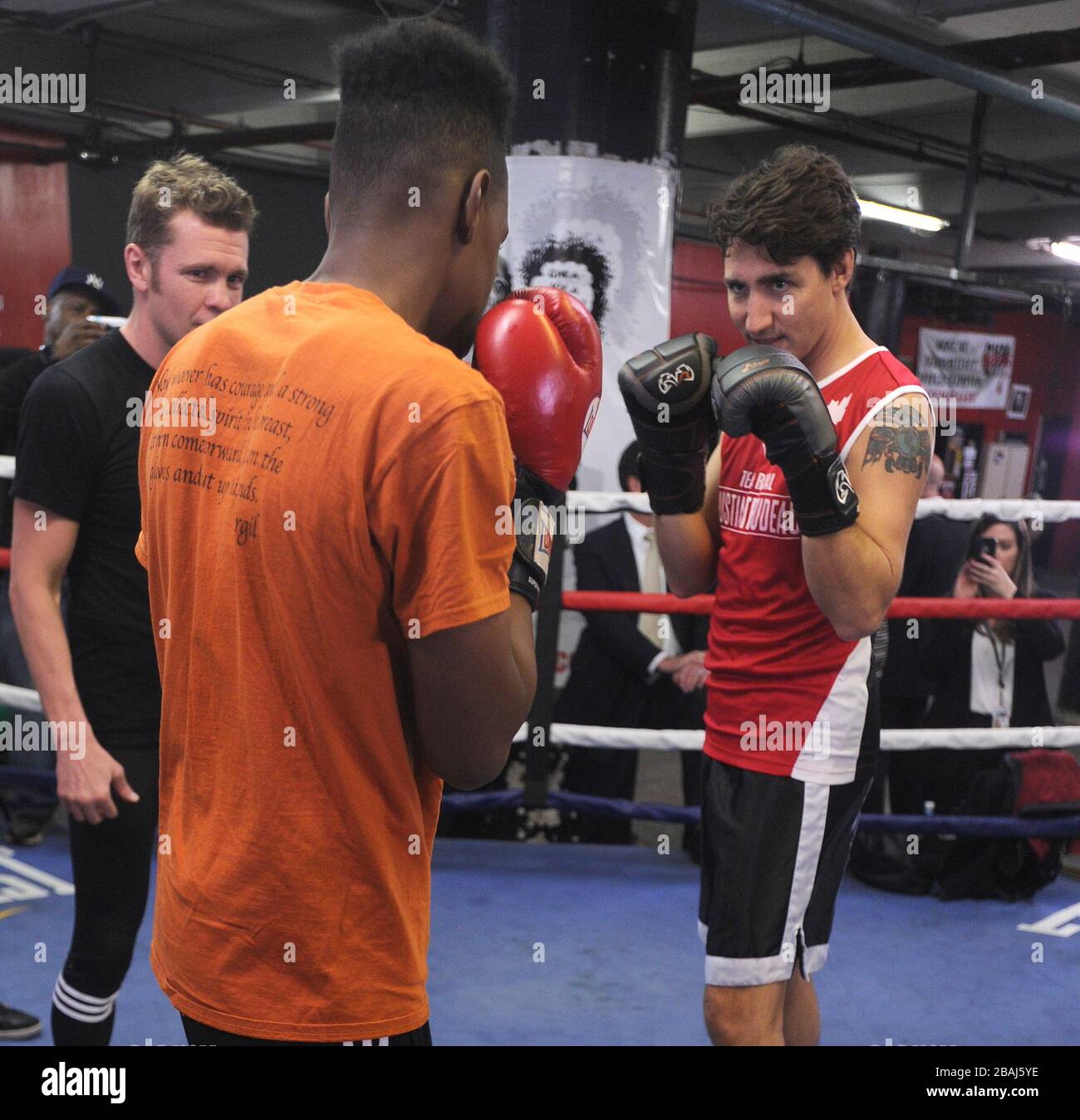 NEW YORK, NY - APRIL 21: Prime Minister of Canada Justin Trudeau boxing ...
