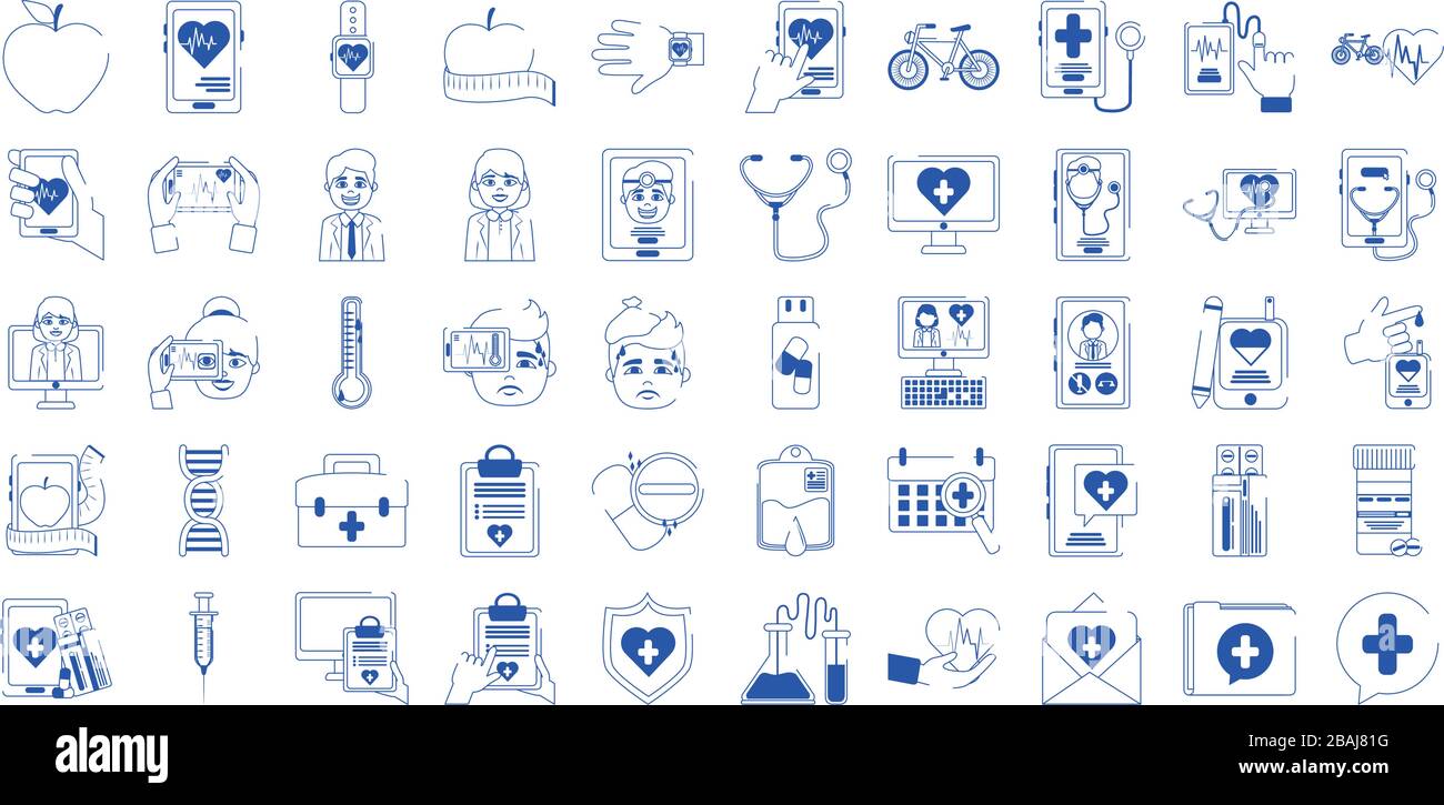 online doctor health medicine care blue line style icons set vector ...